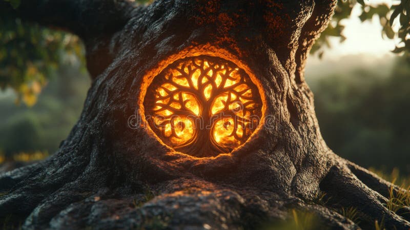 Glowing Tree of Life Carved into Ancient Tree Trunk Stock Illustration ...