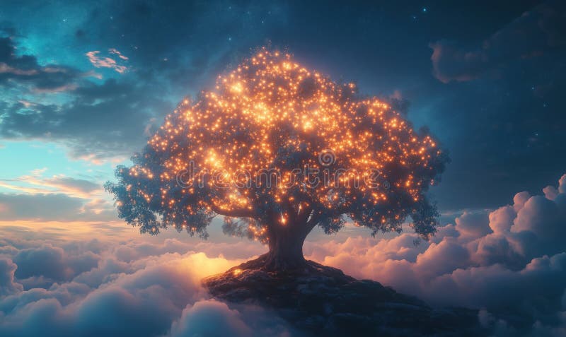 Glowing Tree of Life Illuminated by Stars in Dreamy Cloudscape at ...