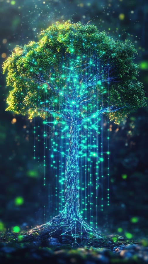 Glowing Tree of Life Symbolizing Nature and Technology Connection Stock ...