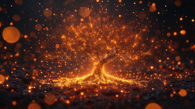 Glowing Tree of Light in a Dark Fantasy Landscape Stock Illustration ...