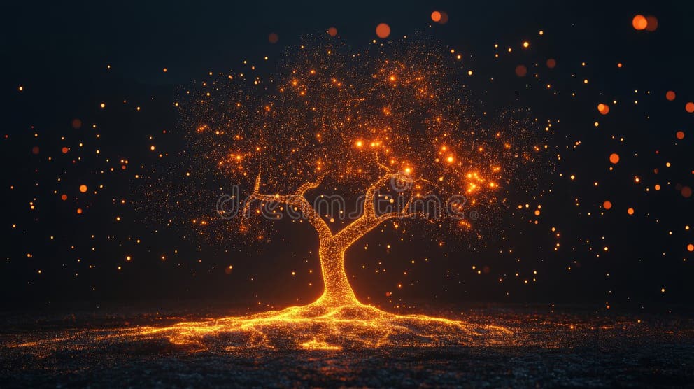 Glowing Tree of Light in Dark Night Stock Illustration - Illustration ...