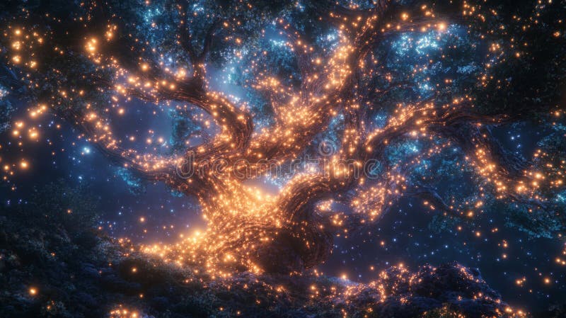 Glowing Tree of Light in a Dark Night Sky Stock Illustration ...