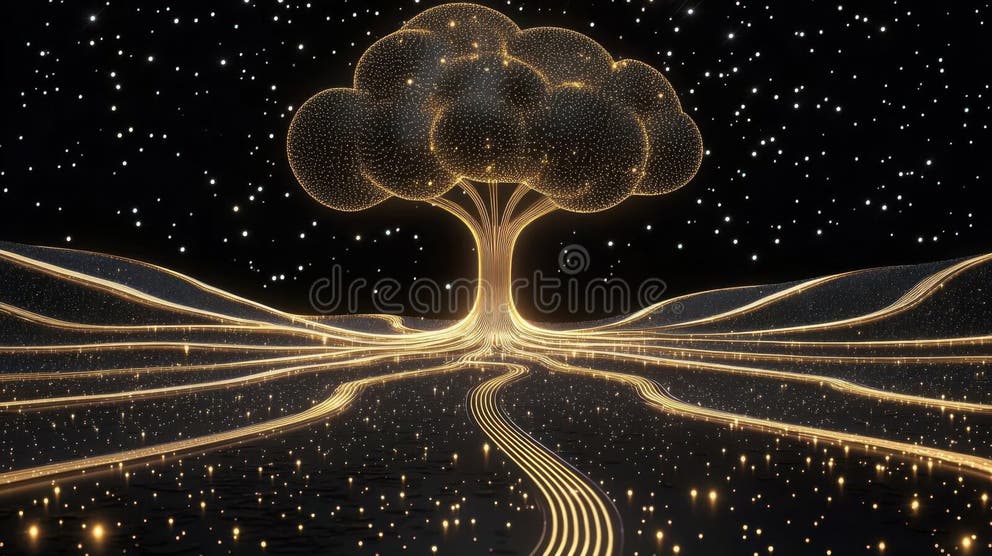 Glowing Tree of Light in Starry Night Stock Image - Image of beauty ...