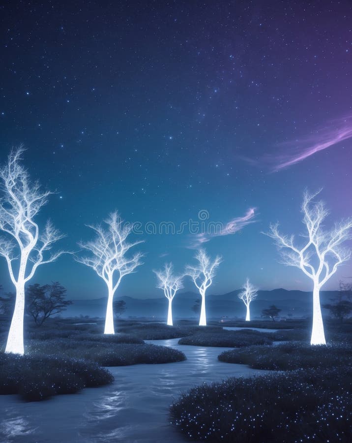 Glowing Tree Like Structures Starry Night Sky Stock Photos - Free ...