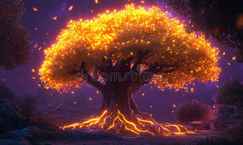 A Glowing Tree with a Magical Aura Stands in a Dark Forest, Surrounded ...