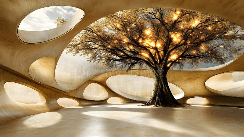 Glowing Tree in Modern Abstract Architecture Good Resolution Stock ...