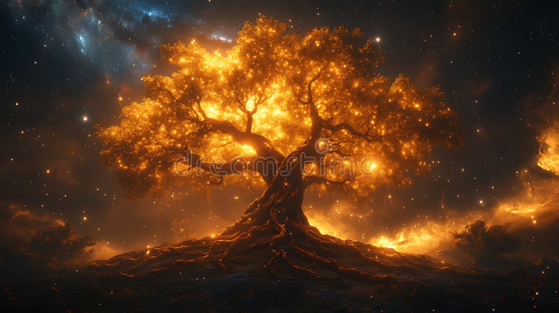 Glowing Tree Night Sky Fantasy Art Stock Illustration - Illustration of ...