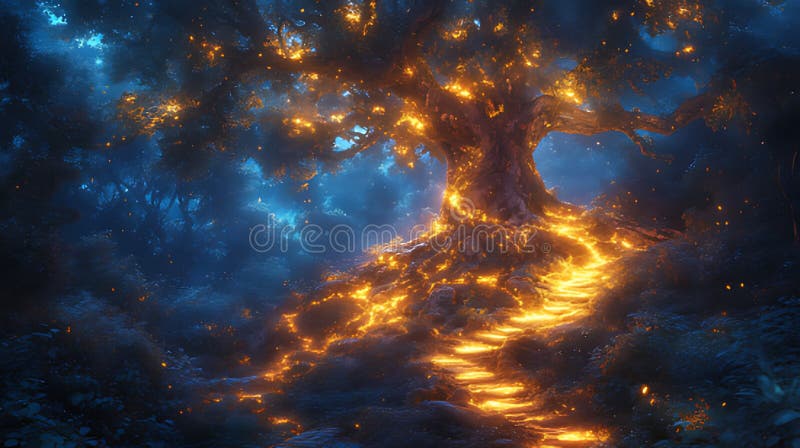 Glowing Tree Path, Fantasy Forest, Night, Magic, Game Background Stock ...