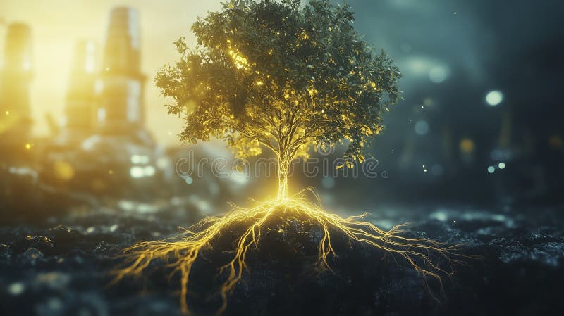 Glowing Tree with Radiant Roots in Industrial Setting Stock ...