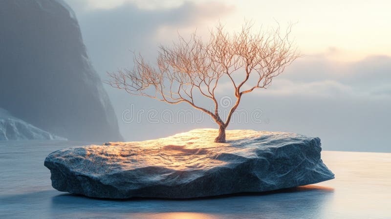 Glowing Tree on a Rock at Sunrise Stock Illustration - Illustration of ...