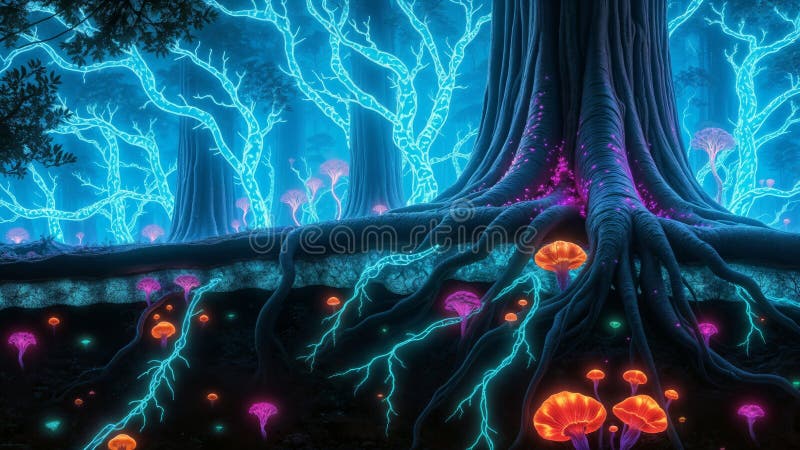 Glowing Tree Roots in Dark Forest Night, Generative Ai Stock ...