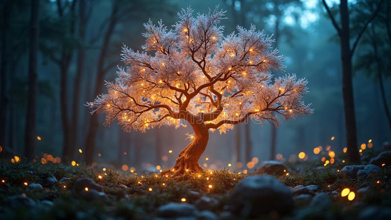 Glowing Tree with Roots of Light in Forest Stock Image - Image of fall ...
