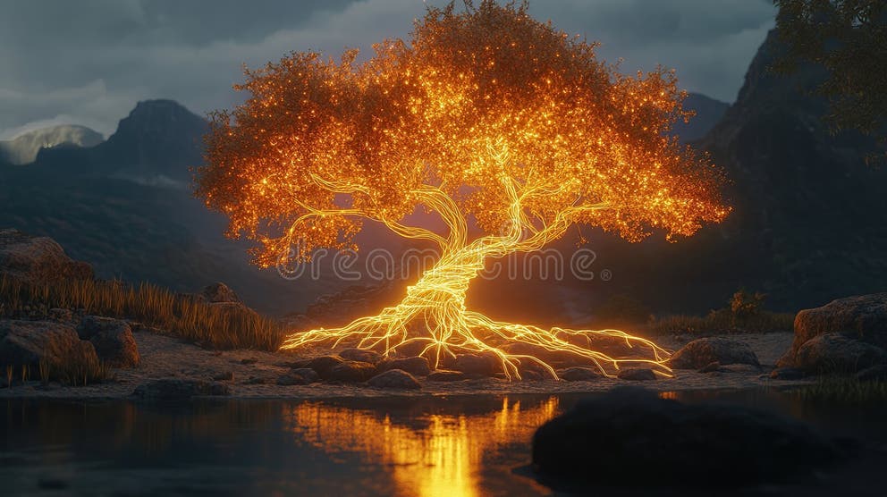 Glowing Tree Roots Reflect in Mountain Lake Stock Image - Image of ...