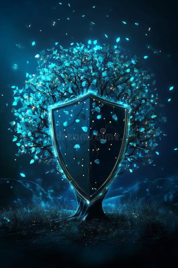 Glowing Tree with Shield and Luminous Leaves in Enchanted Forest Stock ...