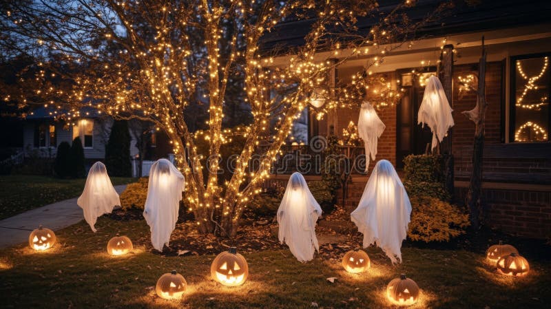 A Glowing Tree and Spooky Ghosts Decorate a Front Yard for Halloween ...