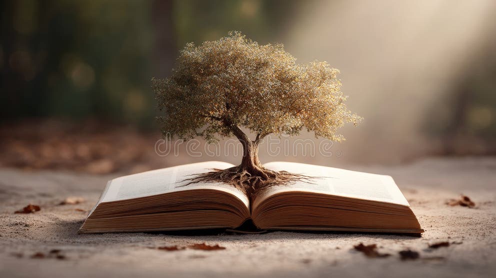Glowing Tree Sprouting from Open Book, Roots Intertwining Pages ...