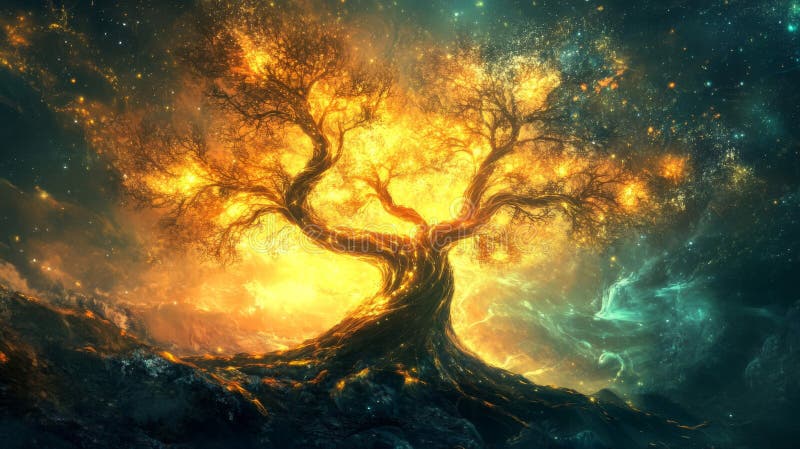 A Glowing Tree in a Starry Night Sky Stock Illustration - Illustration ...