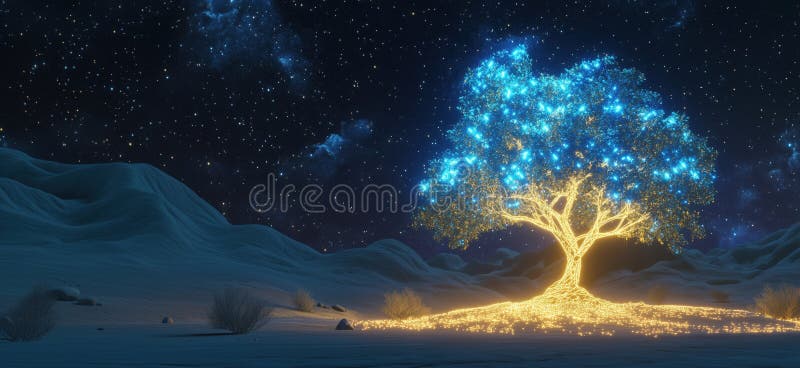 Glowing Tree Under Starry Night Sky in a Surreal Desert Landscape Stock ...