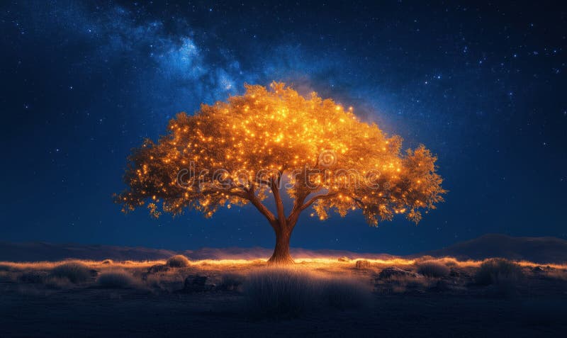 Glowing Tree Under Starry Night Sky with Vibrant Orange Leaves and ...