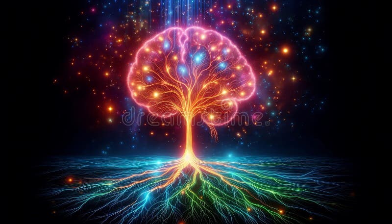 Glowing Tree with Vibrant Roots Forming a Brain Shape, Symbolizing ...