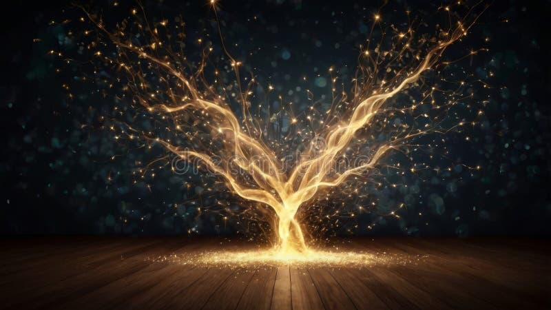 Glowing Tree on Wooden Floor Magical Stock Illustration - Illustration ...