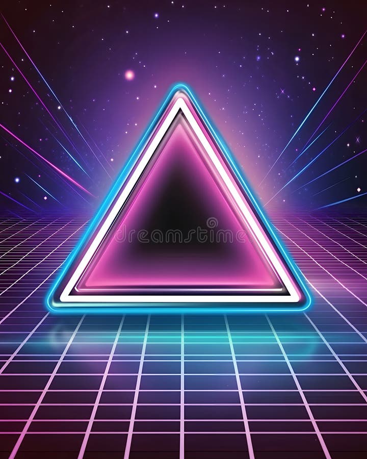 Glowing Triangle with Neon Lights in a Retro Style Space with Stars and ...