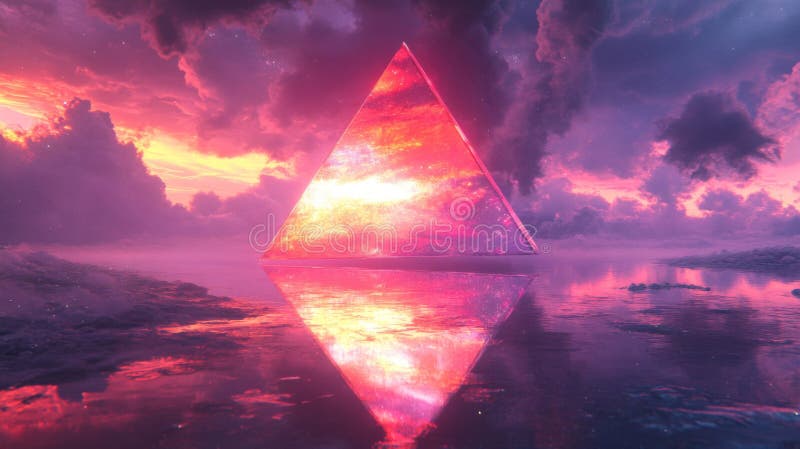 Glowing Triangle Reflecting Over Still Water Under Fiery Pink and ...