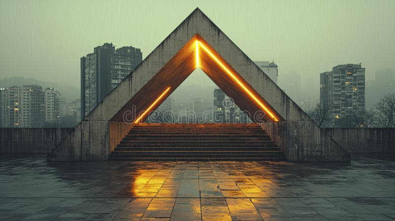 Glowing Triangle Structure in a Rainy City at Night Stock Illustration ...