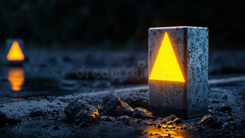 A Glowing Triangular Marker on a Dark Road Illuminating the ...