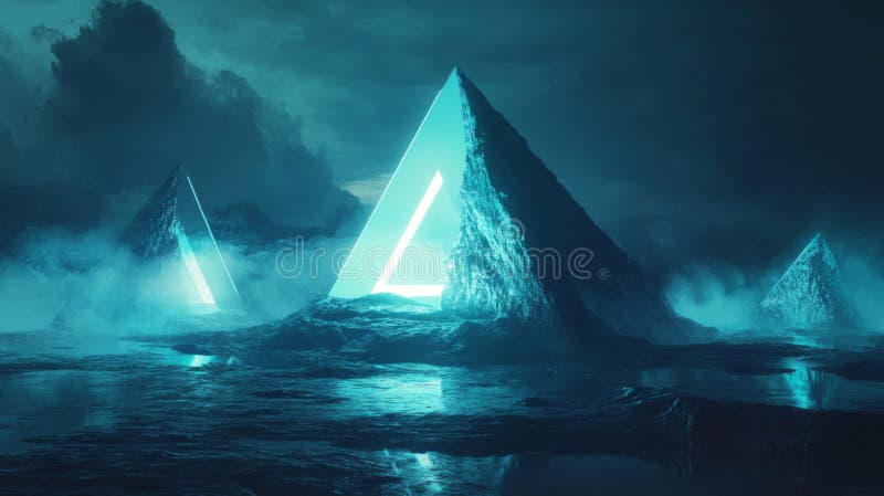 Glowing Triangular Structure Emerging from a Misty, Aquatic Landscape ...