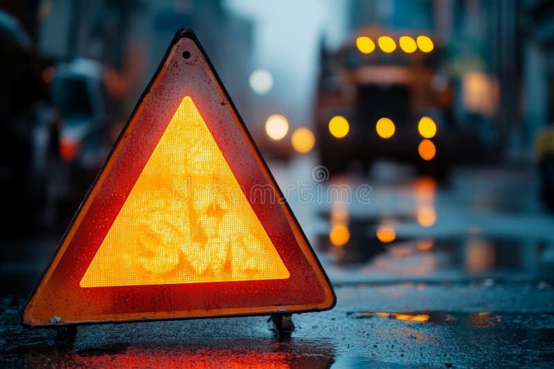 Glowing Triangular Warning Sign Stands on Rain-slicked Asphalt, a Truck ...