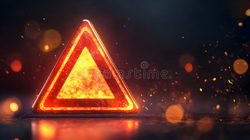 A Glowing Triangular Warning Sign Stands on a Reflective Surface ...