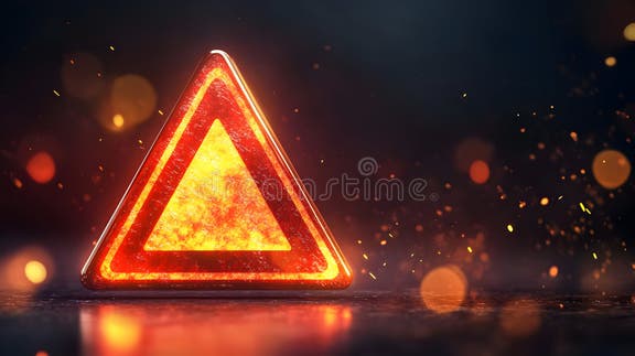A Glowing Triangular Warning Sign Stands on a Reflective Surface ...