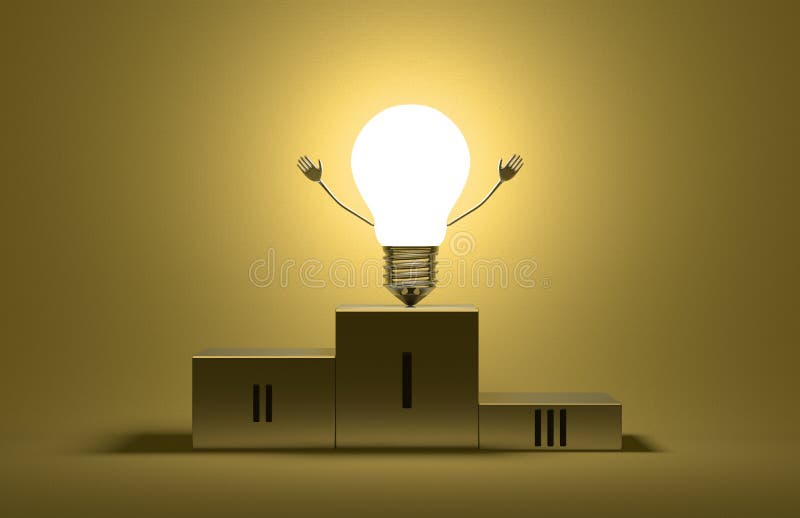 Glowing Triumphant Light Bulb Character on Podium Stock Illustration ...