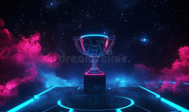 Glowing Trophy in Cosmic Space with Neon Lights and Vibrant Clouds ...