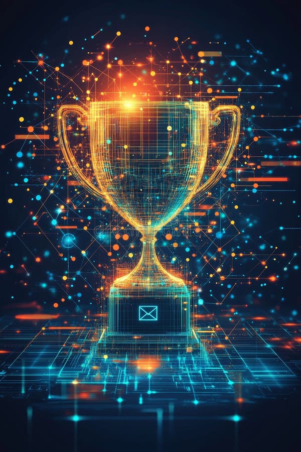 Glowing Trophy on Digital Circuit Platform, Achievement in Technology ...