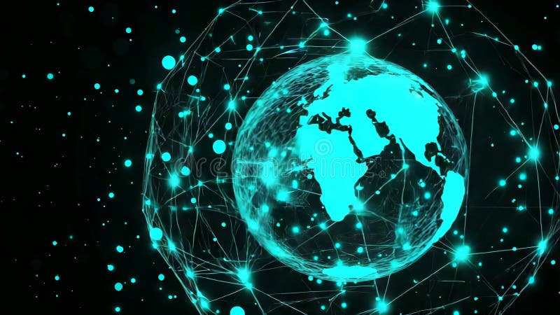 Glowing Turquoise Earth with Network Connections on a Dark Background ...