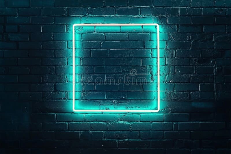 Turquoise Neon Light Frame on Dark Brick Wall Background with Copy ...