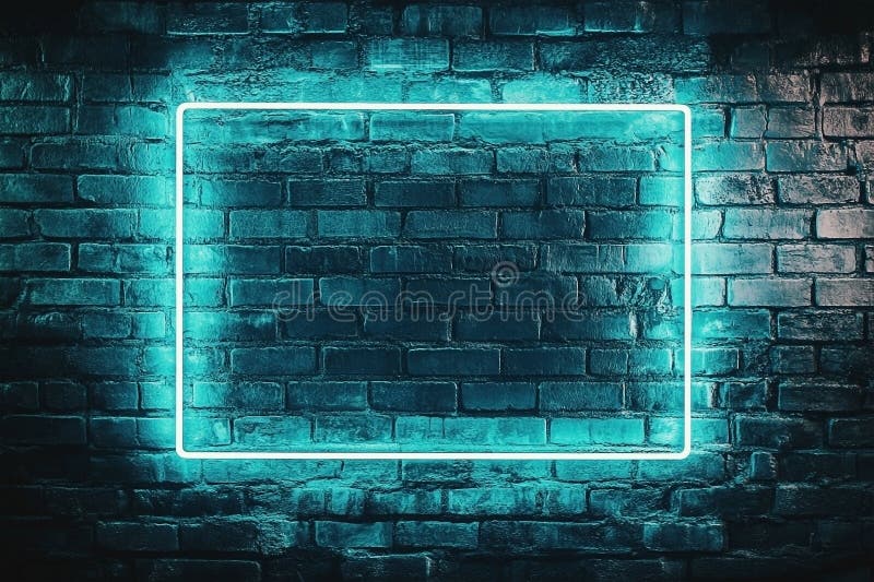 Turquoise Neon Light Frame on Dark Brick Wall Background with Copy ...