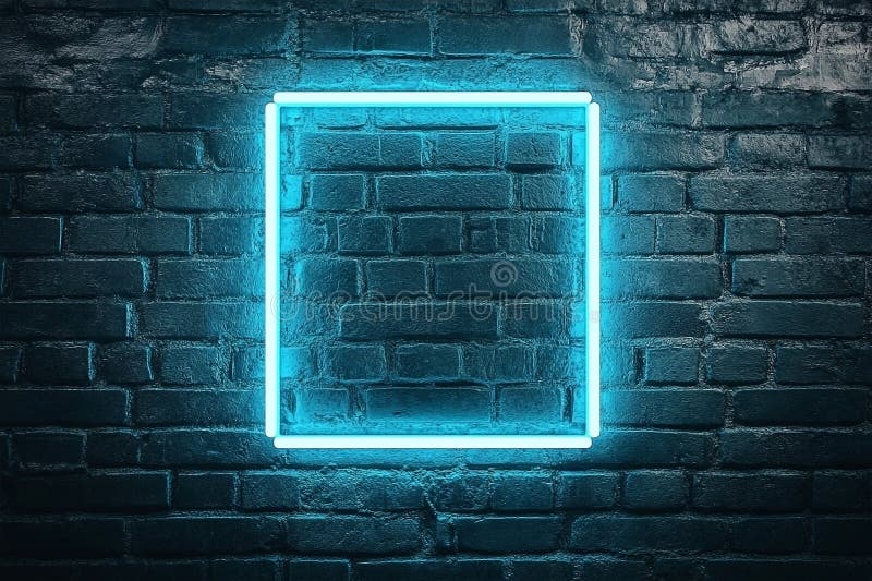 Turquoise Neon Light Frame on Dark Brick Wall Background with Copy ...