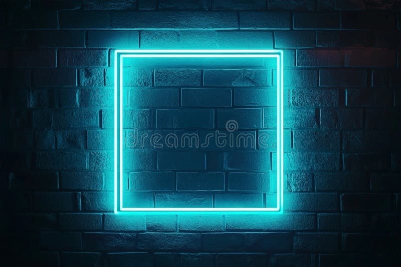Turquoise Neon Light Frame on Dark Brick Wall Background with Copy ...