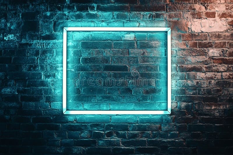 Turquoise Neon Light Frame on Dark Brick Wall Background with Copy ...