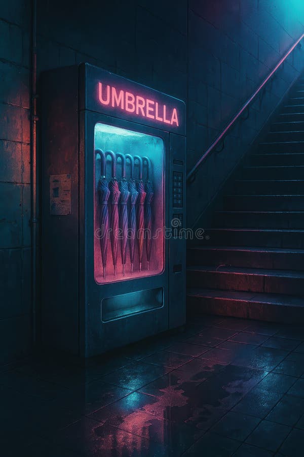 Glowing Umbrella Vending Machine in Neon-lit Metro Hallway at Night ...