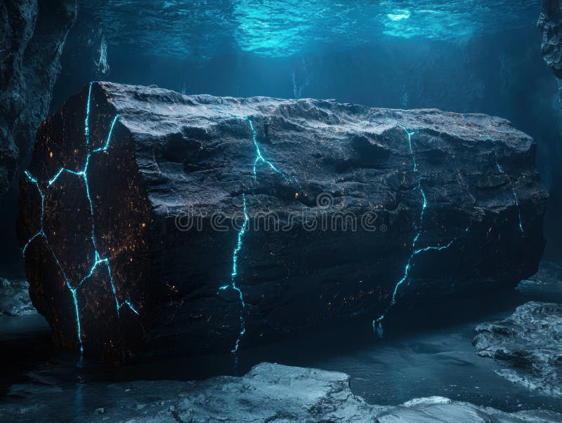 Glowing Underwater Cave with Cracked Rock Formations Stock Illustration ...