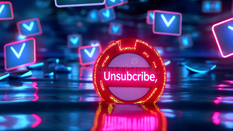 Glowing Unsubscribe Button Floating on Reflective Surface with Blue ...