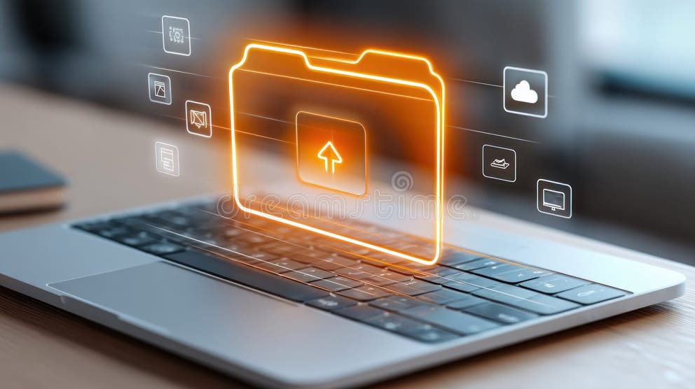 Glowing Upload Folder Icon Above a Laptop Keyboard, Highlighting Data ...