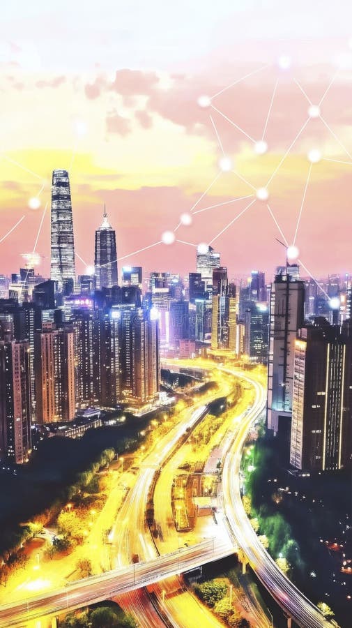 Glowing Urban Landscape with Connected Light Paths Stock Illustration ...