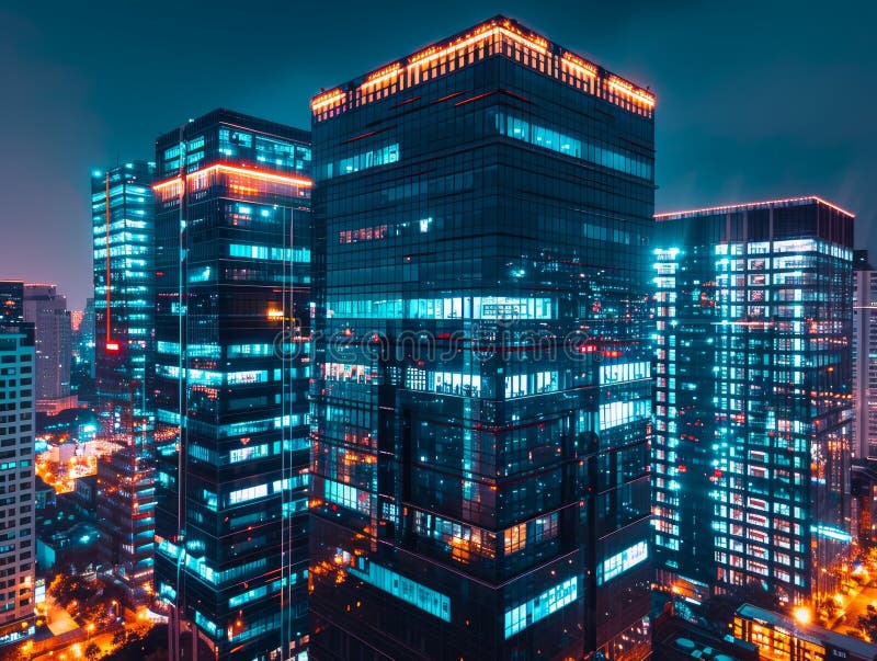 Glowing Urban Oasis: Modern Industrial Complex Illuminated by Night Sky ...
