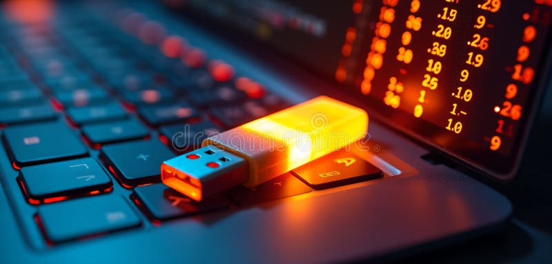 Glowing USB Flash Drive on a Laptop in a Cybersecurity Setting Stock ...