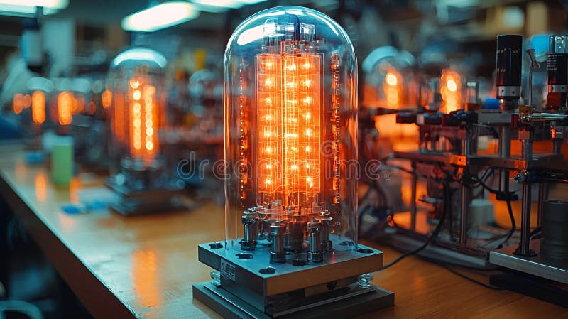 Glowing Vacuum Tubes on Table, Lab Background, Technology Stock Image ...